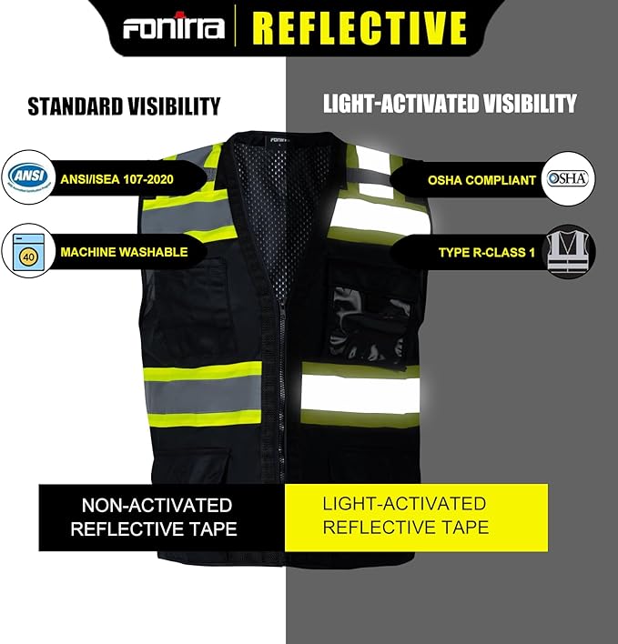 VT02 ANSI/ISEA Class 1 Reflective Multiple Pockets Black Safety Vest ...