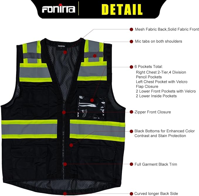 VT02 ANSI/ISEA Class 1 Reflective Multiple Pockets Black Safety Vest ...